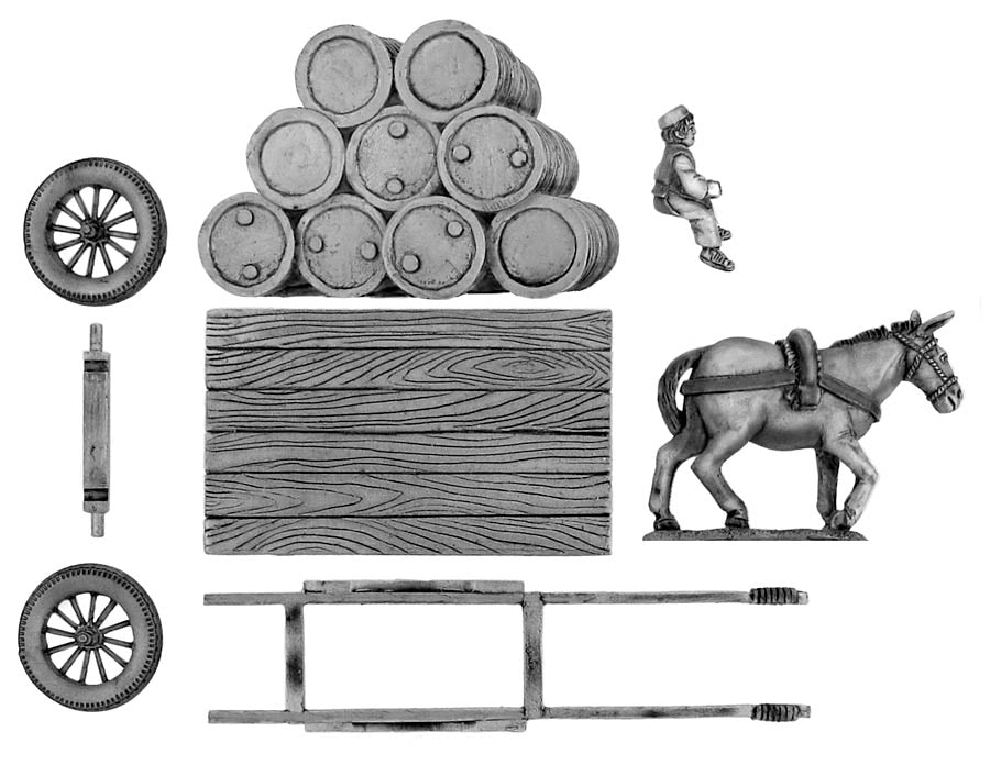 Flatbed mule cart with oil drums – Eureka Miniatures